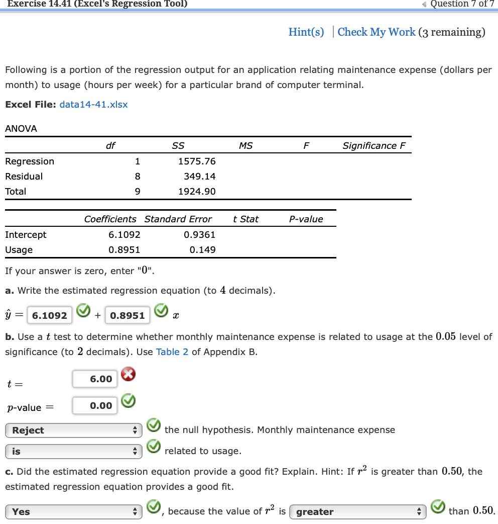 Solved Exercise 14 41 Excel s Regression Tool Question 7 Chegg