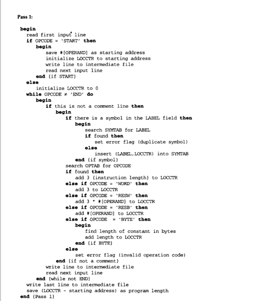 Solved the pseudo code describe pass 1 ﻿in SIC m iachine , | Chegg.com