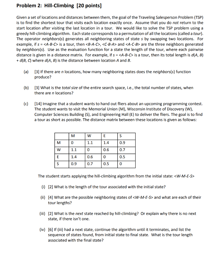 Problem 2: Hill-Climbing [20 points] Given a set of | Chegg.com