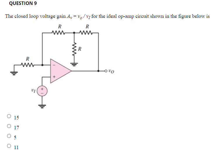 Solved QUESTION 9 The closed loop voltage gain 4y = v. /v; | Chegg.com