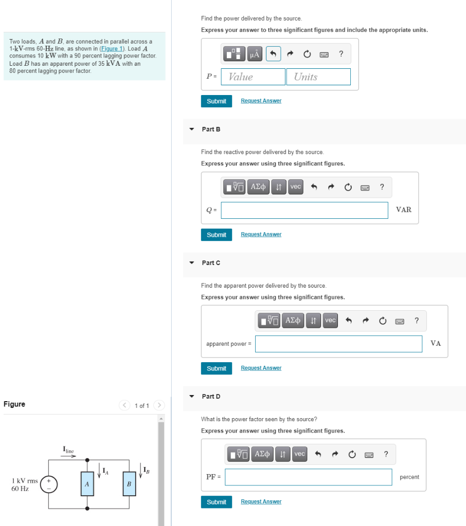 Solved Two loads, A and B, are connected in parallel across | Chegg.com