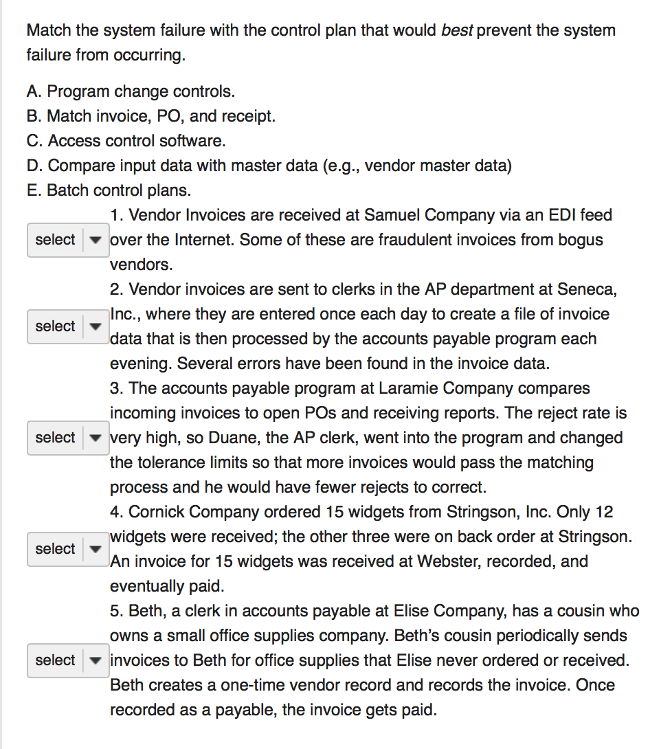 Solved Match the system failure with the control plan that | Chegg.com