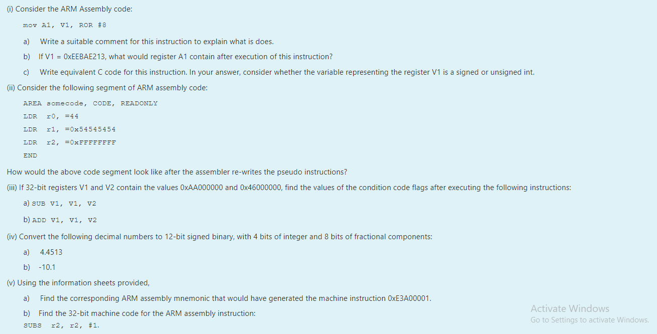 0 Consider the ARM Assembly code: mov A1, v1, ROR #8 | Chegg.com