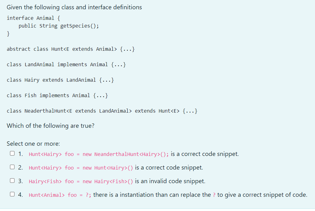 Solved Given the following class and interface definitions | Chegg.com