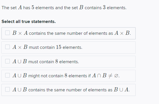 Solved The set A has 5 elements and the set B contains 3 | Chegg.com