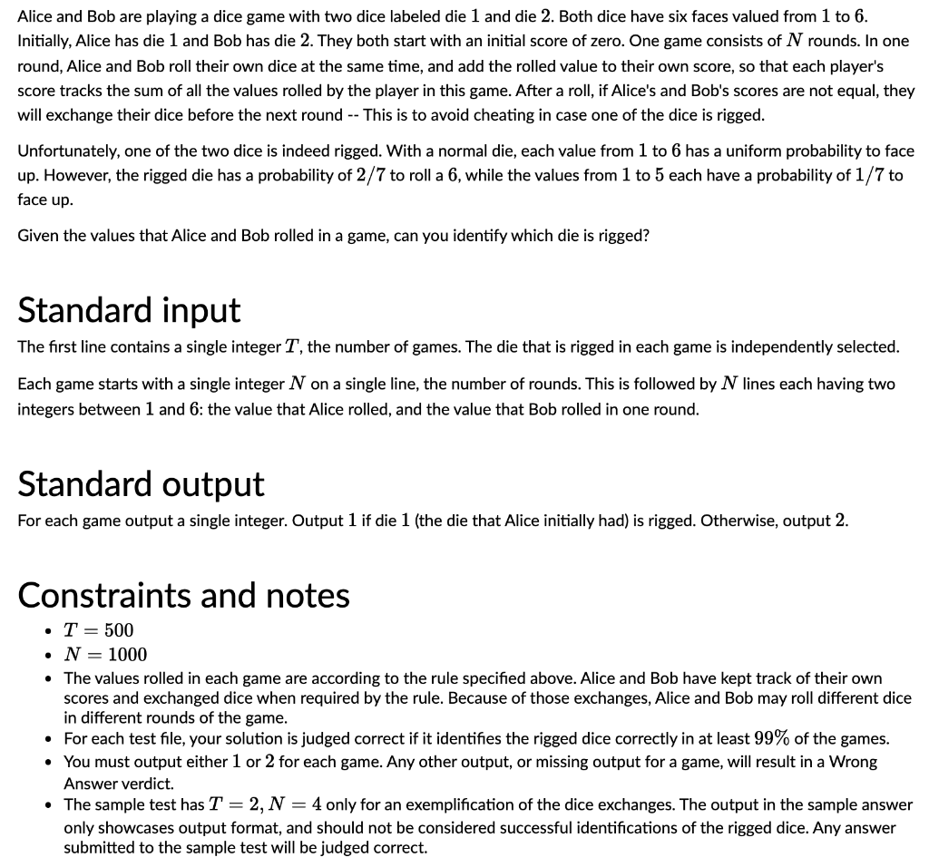 Solved Alice and Bob are playing a dice game with two dice | Chegg.com