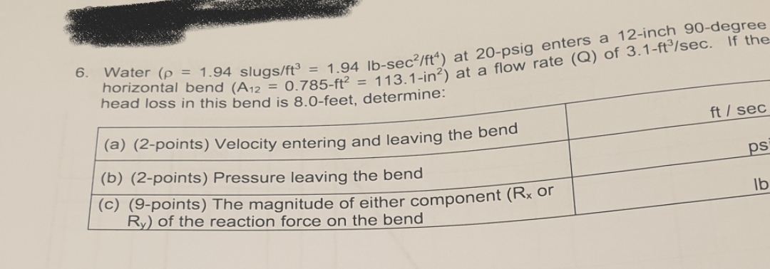 Solved 6. Water (ρ=1.94 slugs /ft3=1.94lb−sec2/ft4) at 20 | Chegg.com