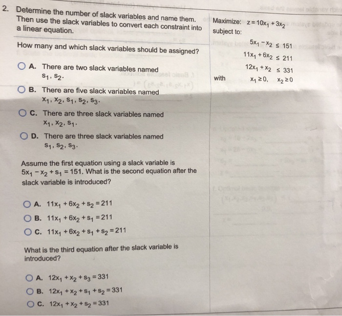 Solved 2. Determine the number of slack variables and name | Chegg.com