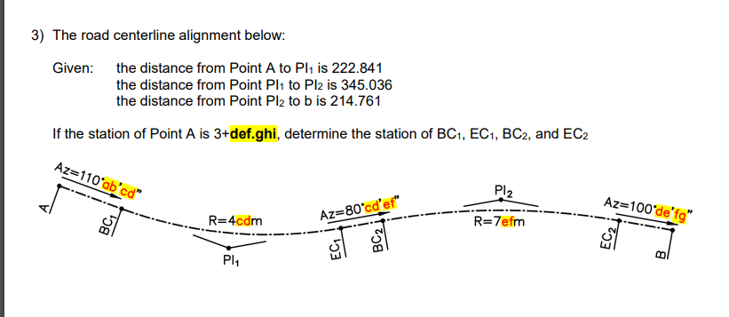 Solved 3) The road centerline alignment below: Given: the | Chegg.com