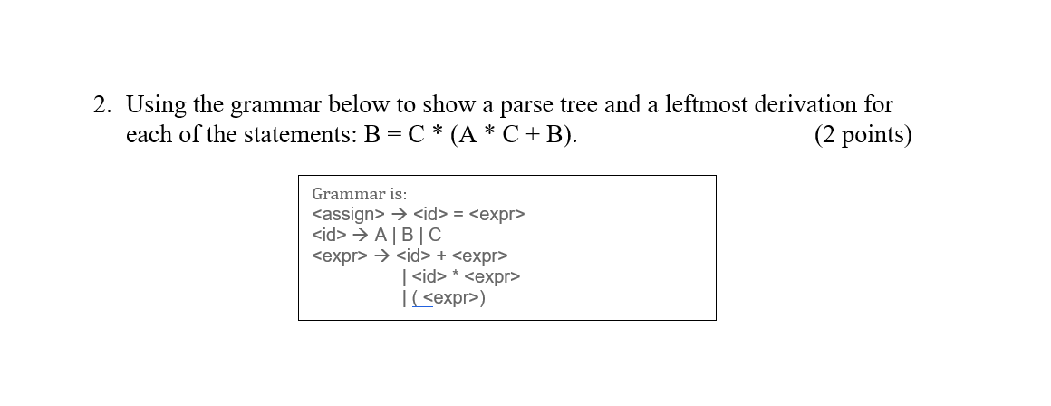 Solved 2. Using the grammar below to show a parse tree and a | Chegg.com