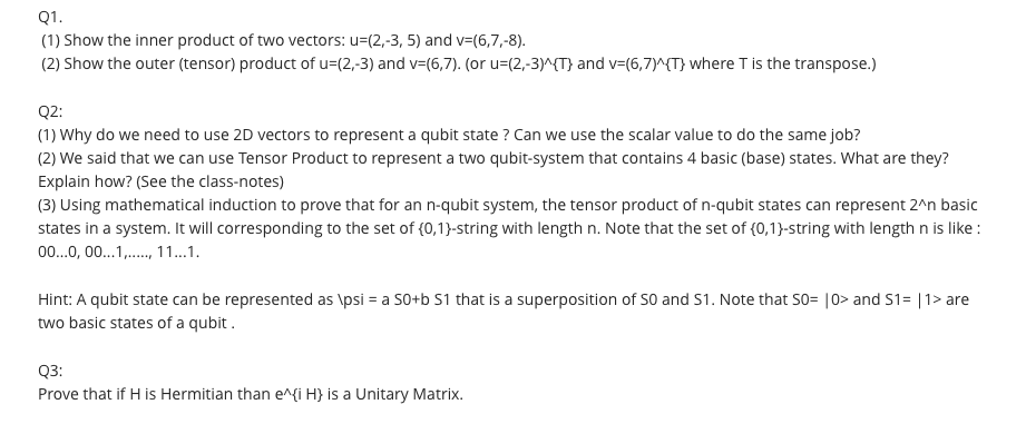 Solved (1) Show the inner product of two vectors: u=(2,−3,5) | Chegg.com