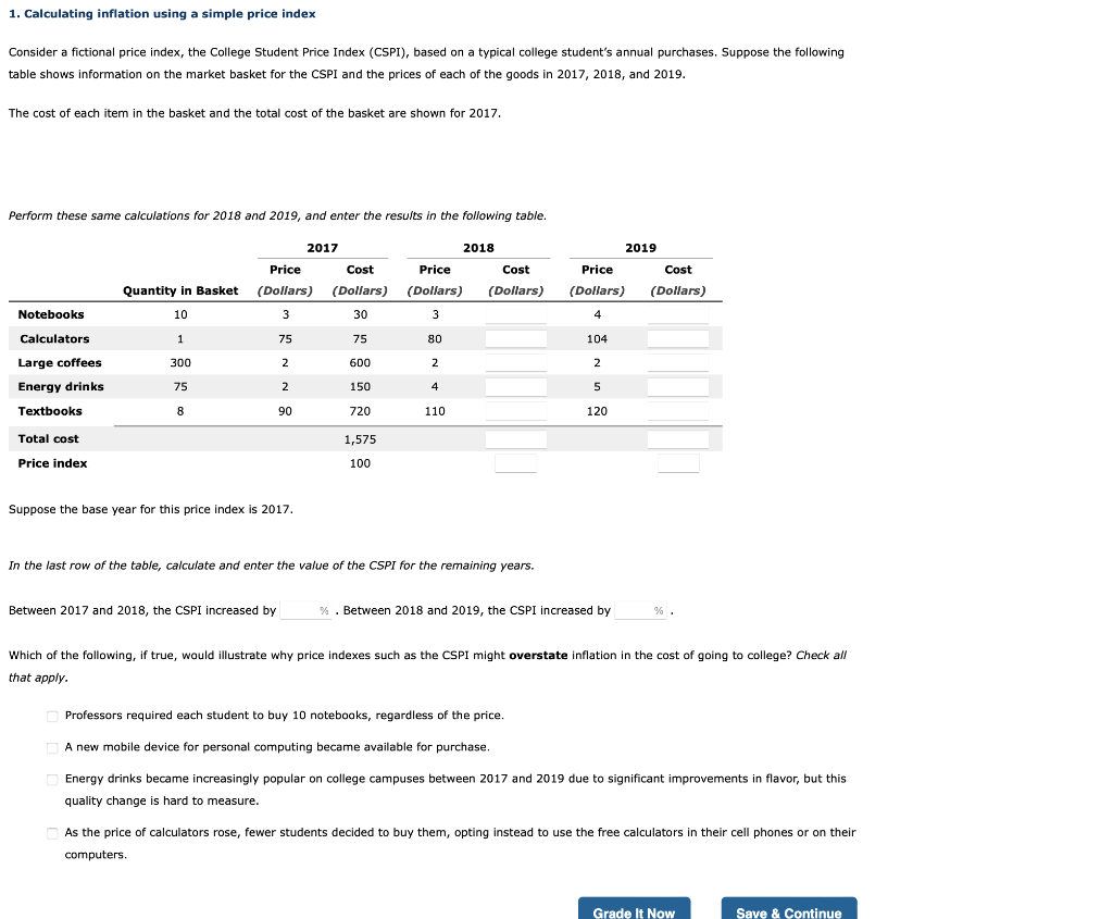Solved 1. Calculating inflation using a simple price index | Chegg.com
