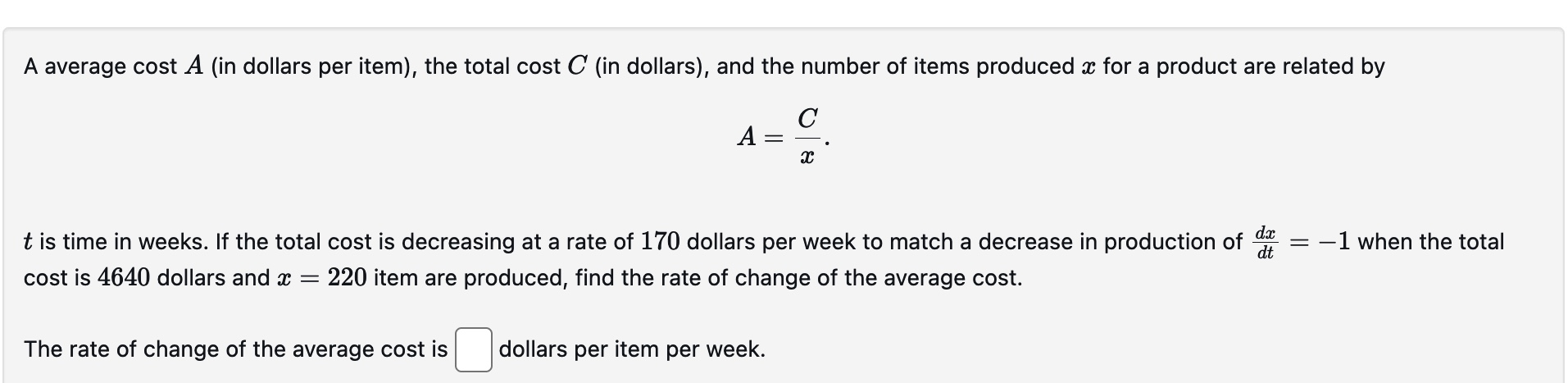 Solved A average cost A (in ﻿dollars per item), ﻿the total | Chegg.com