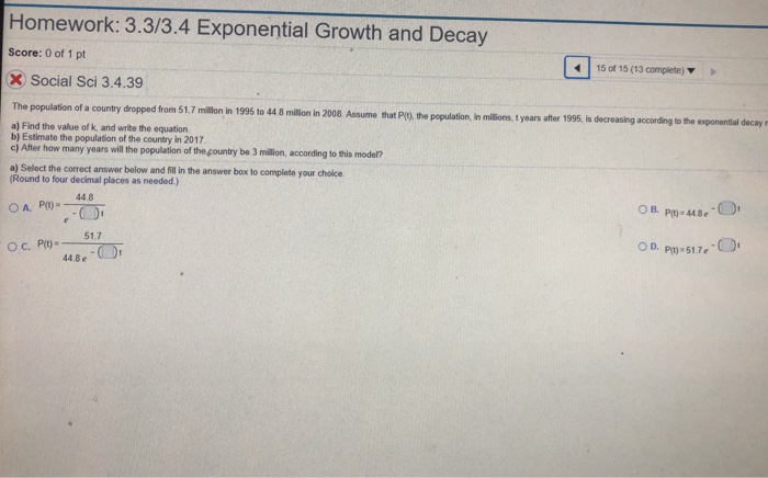 Solved Homework: 3.3/3.4 Exponential Growth and Decay Score: | Chegg.com
