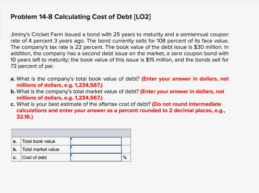 Solved Problem 14-8 Calculating Cost of Debt [LO2] Jiminy's | Chegg.com