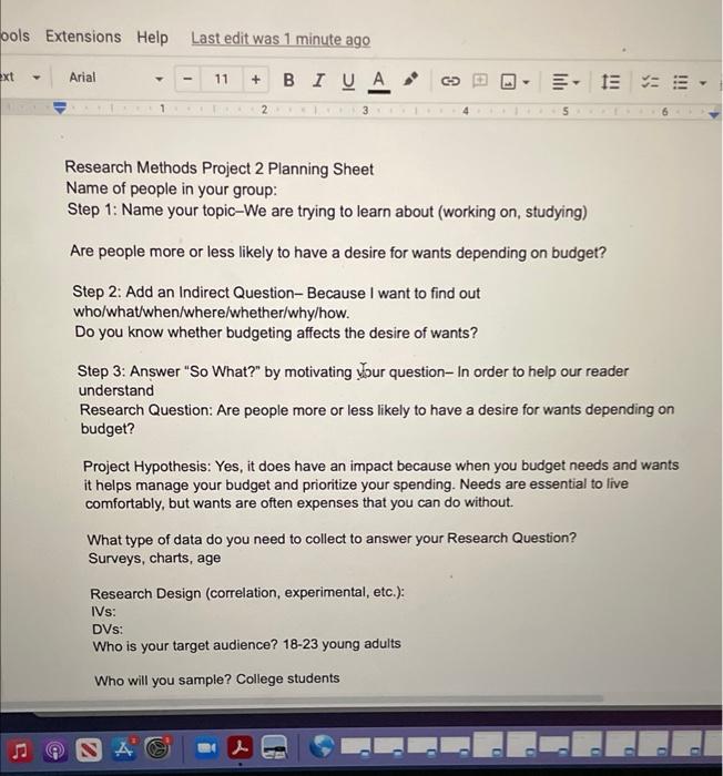 Research Methods Project 2 Planning Sheet Name of | Chegg.com