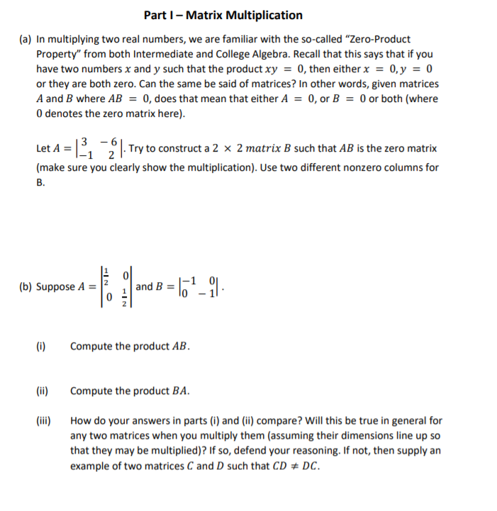 Solved Part I-Matrix Multiplication (a) In multiplying two | Chegg.com