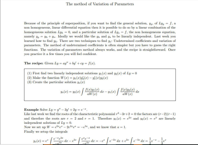 Solved The method of Variation of Parameters Because of the | Chegg.com