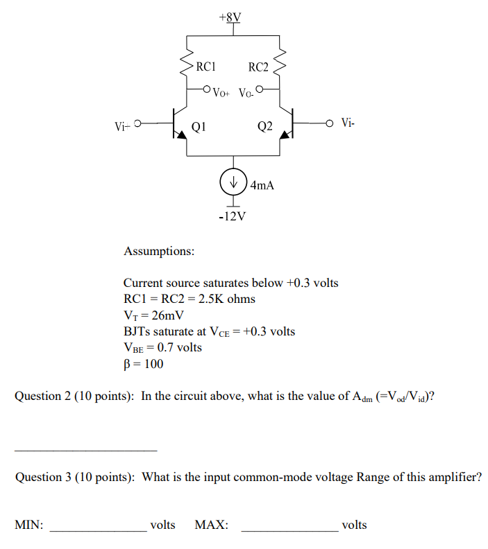 Solved +8V RCI RC2 - Vox Vo.o Vi-O Q1 Q2 0 Vi- 4mA -12V | Chegg.com