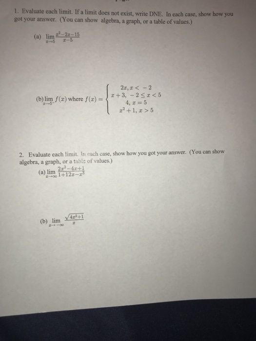 Solved 1. Evaluate each limit. If a limit does not exist, | Chegg.com Solved 1. Evaluate each limit. If a limit does not exist, | Chegg.com