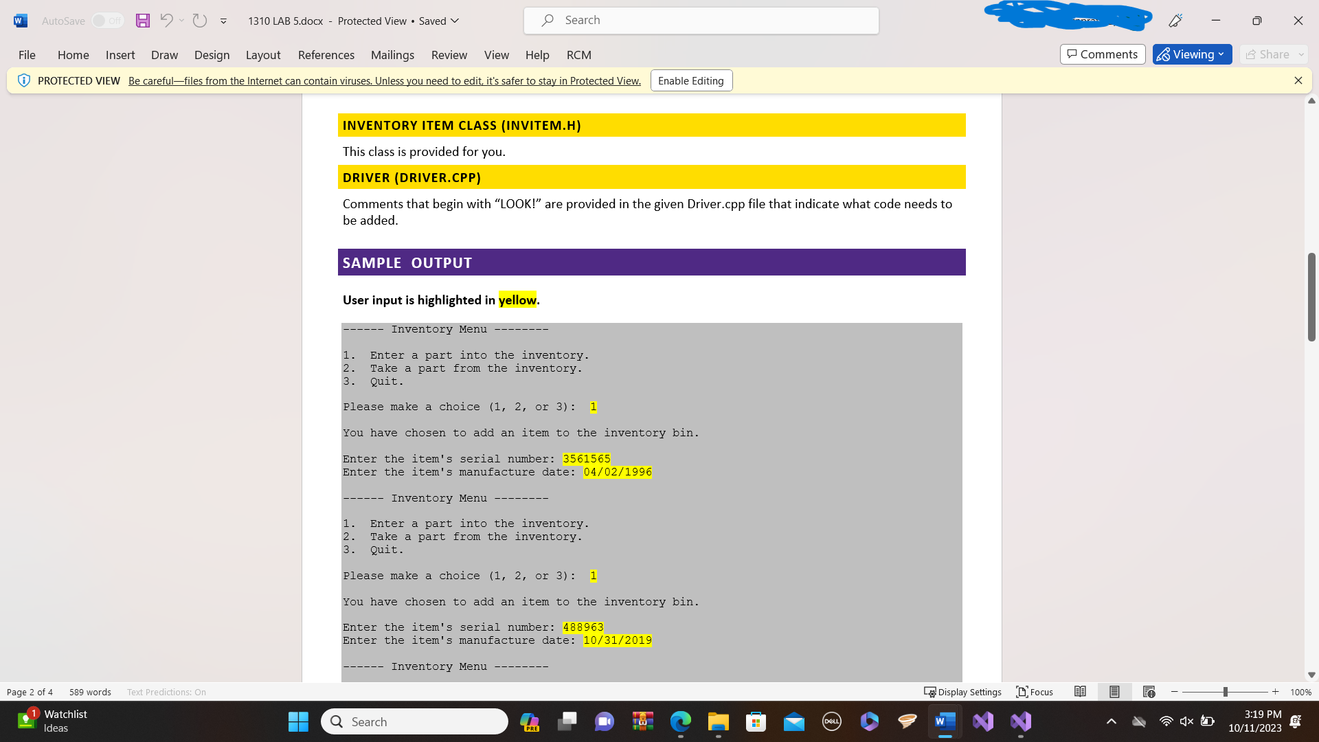 Solved User input is highlighted in yellow. ------ Inventory | Chegg.com