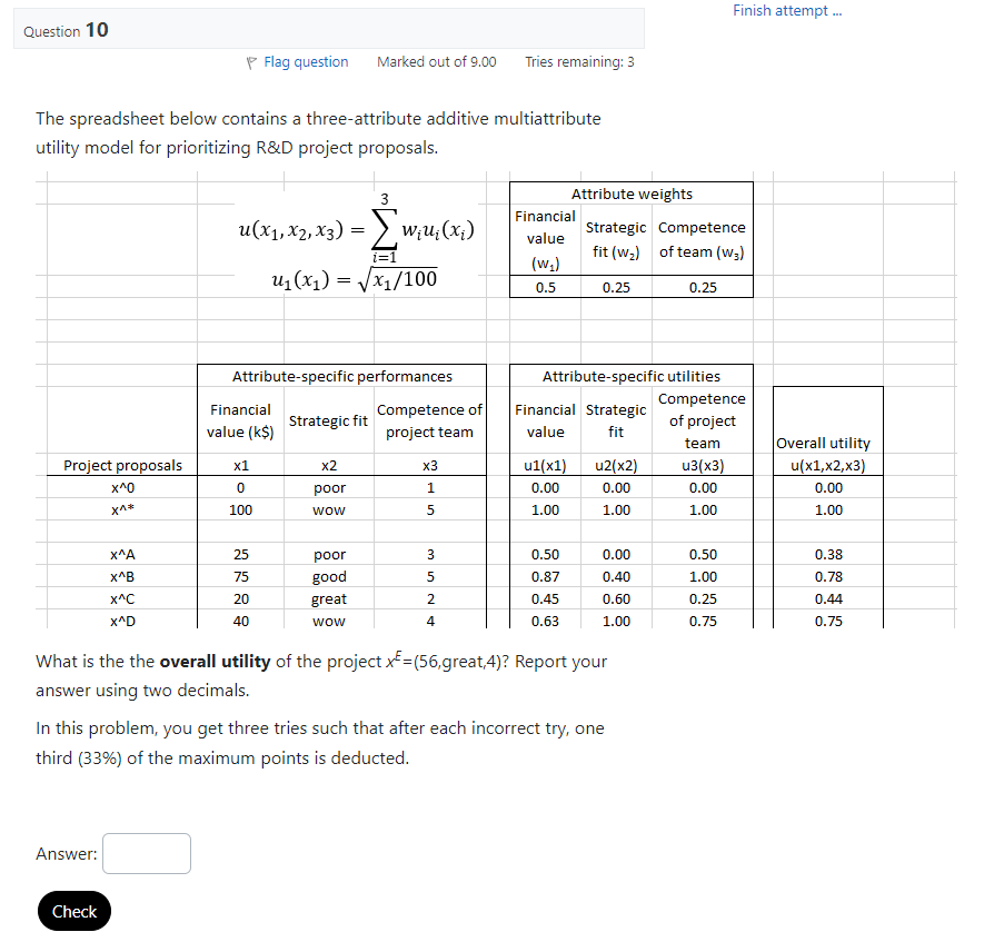 Solved The Spreadsheet Below Contains A Three Attribute 