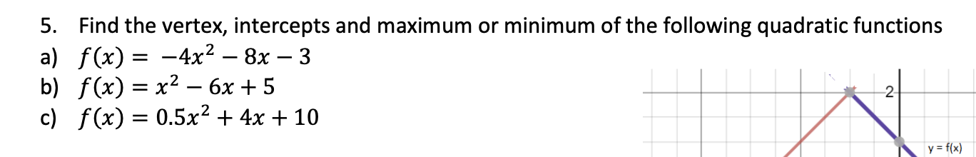 Solved 5. Find the vertex, intercepts and maximum or minimum | Chegg.com