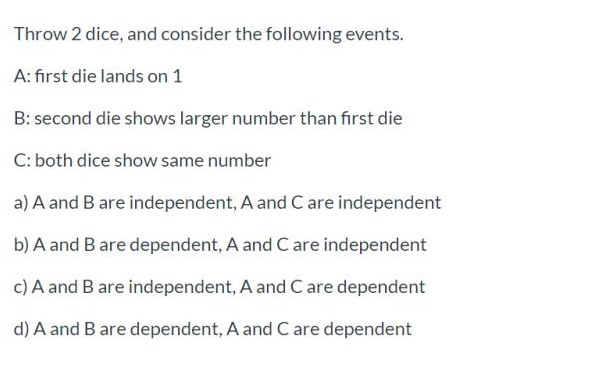 Solved Throw 2 dice, and consider the following events. A: | Chegg.com