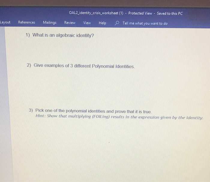 Solved OAL2_identity_crisis worksheet (1) - Protected View- | Chegg.com