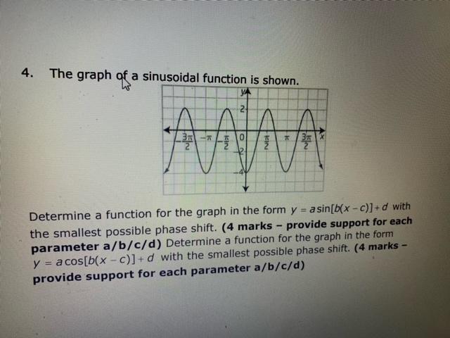 Solved 4. The graph of a sinusoidal function is shown. | Chegg.com