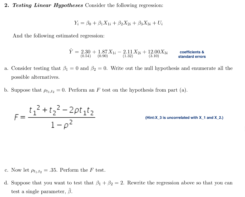 Solved 2. Testing Linear Hypotheses Consider the following | Chegg.com