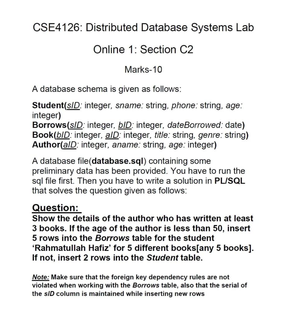CSE4126: Distributed Database Systems Lab Online 1: | Chegg.com