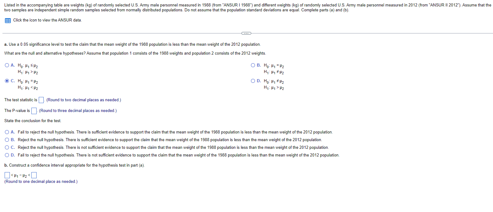 Solved ANSUR II 2012 ANSUR I 1988 83.5 73.9 105.3 | Chegg.com
