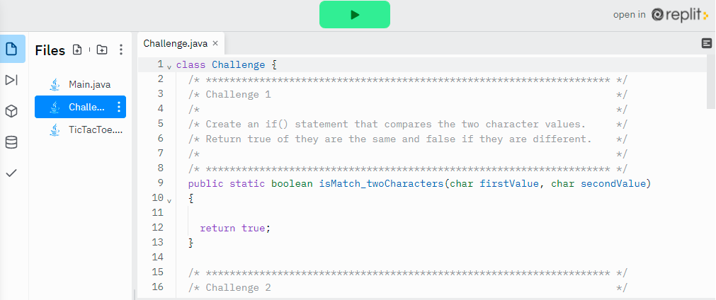 Solved open in replit: E 0 Files Go: DI Main.java Challe... | Chegg.com