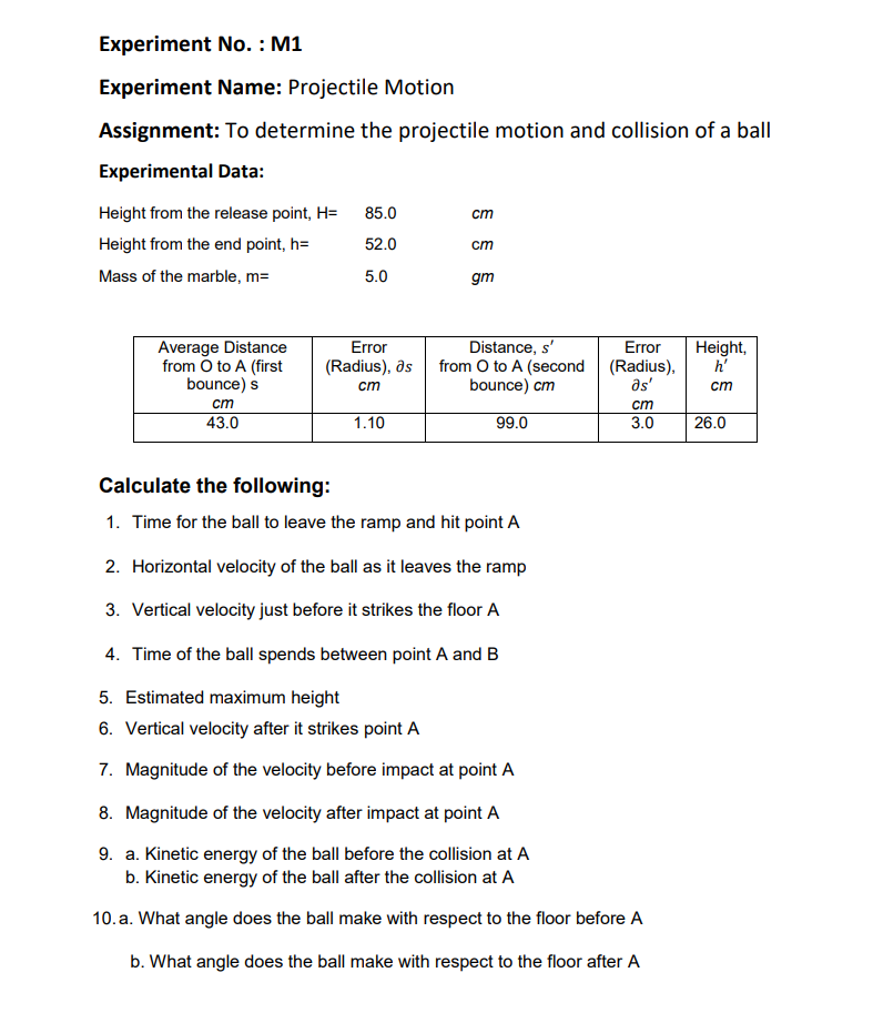 Solved Experiment No. : M1 Experiment Name: Projectile | Chegg.com