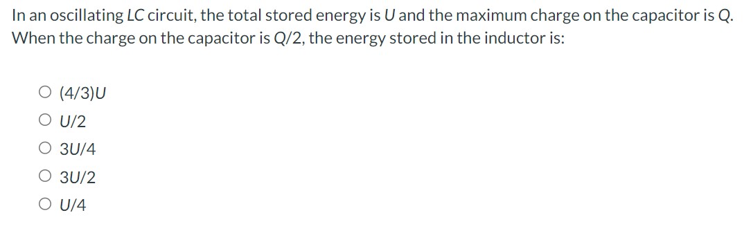 Solved In an oscillating LC circuit, the total stored energy | Chegg.com