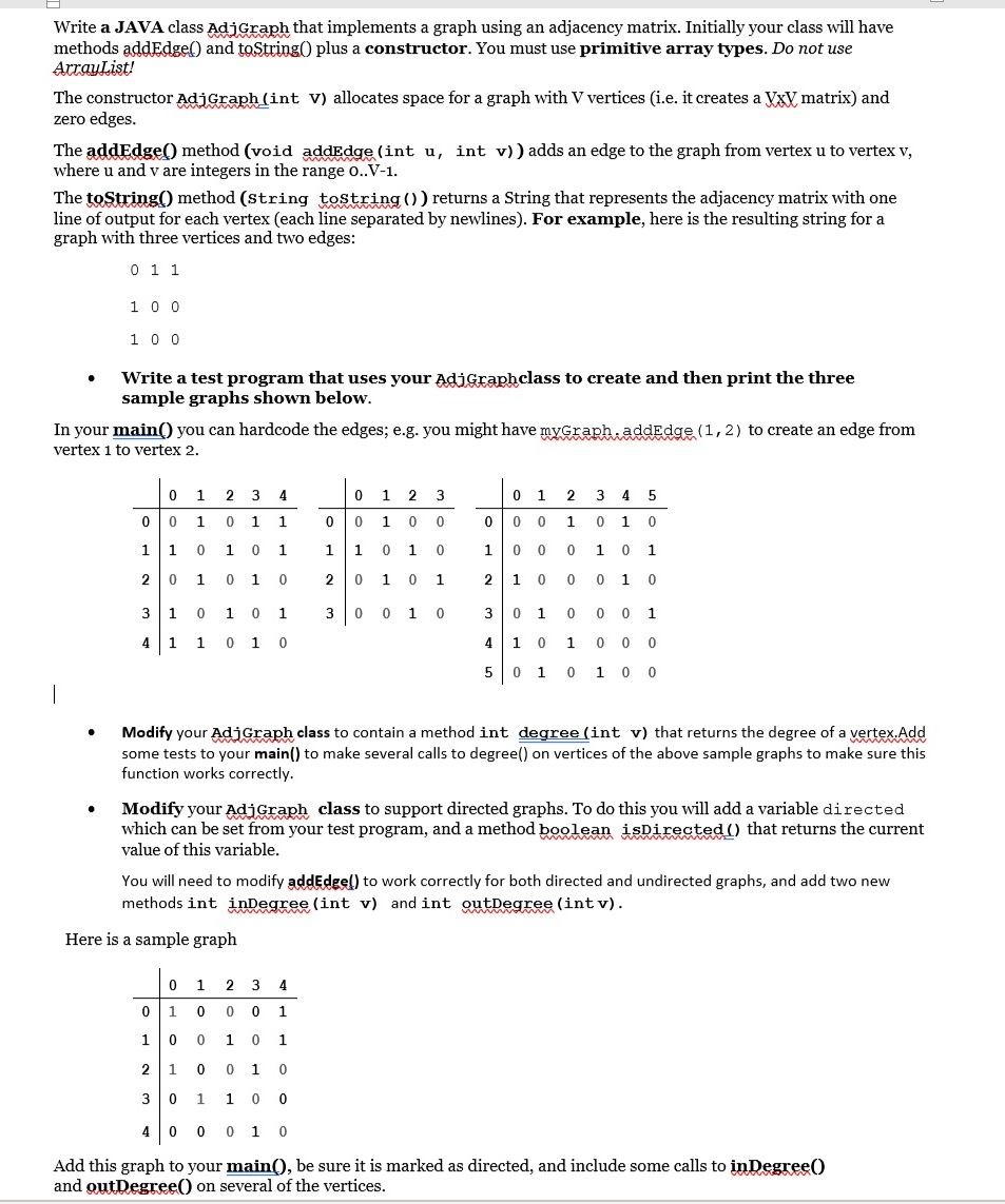 Write a JAVA class AdjGraph that implements a graph | Chegg.com
