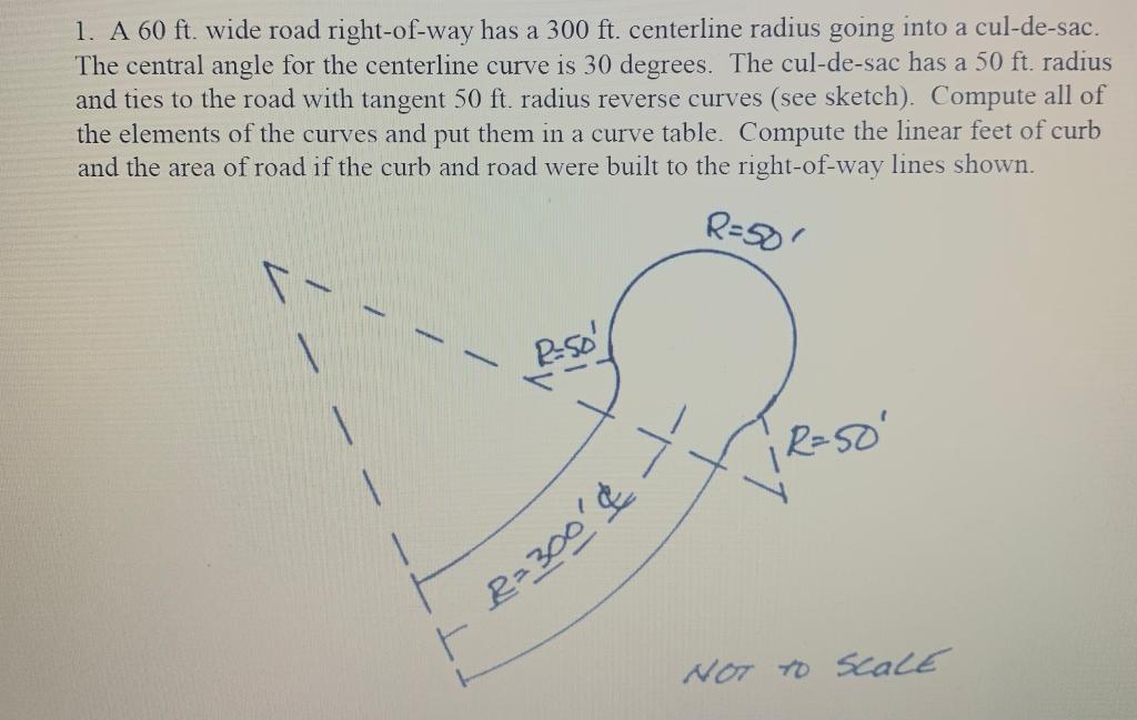 Solved 1. A 60 ft. wide road right-of-way has a 300 ft. | Chegg.com