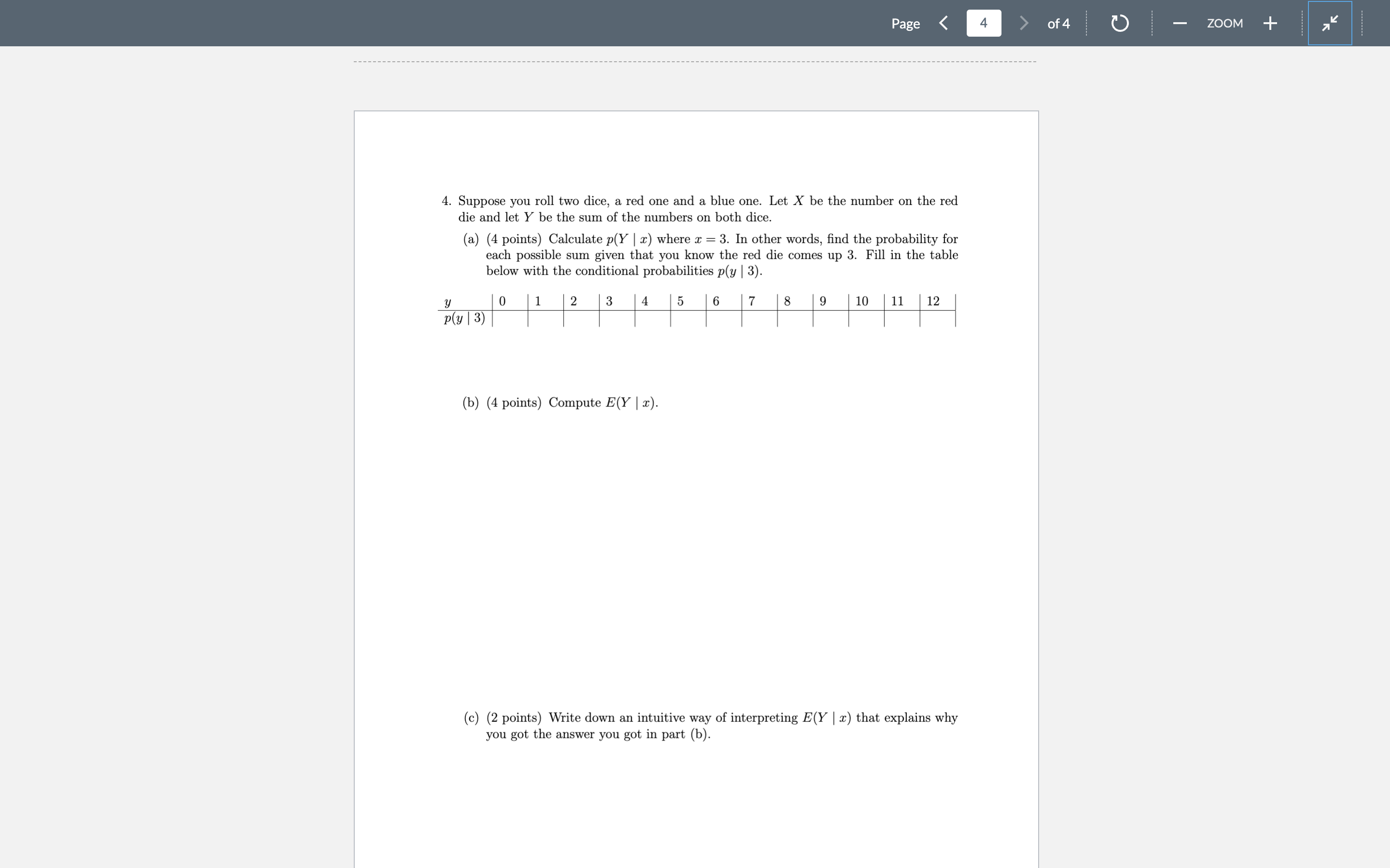 Solved 4. Suppose you roll two dice, a red one and a blue | Chegg.com