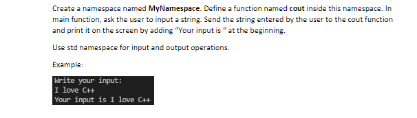 Solved Create a namespace named MyNamespace. Define a | Chegg.com