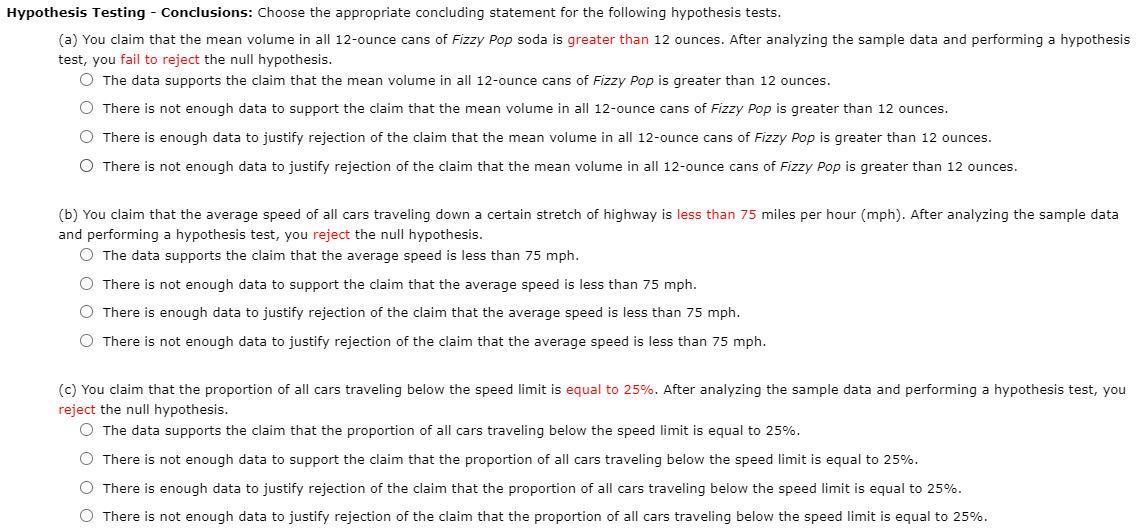 Solved Hypothesis Testing - Conclusions: Choose the | Chegg.com