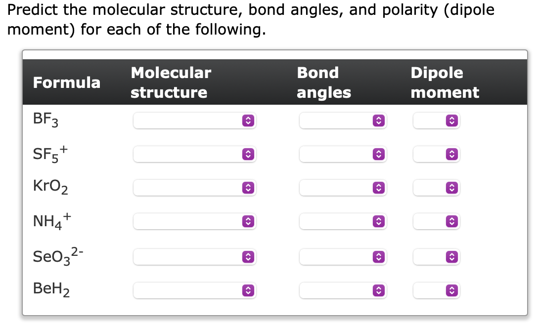 Solved Predict the molecular structure, bond angles, and | Chegg.com