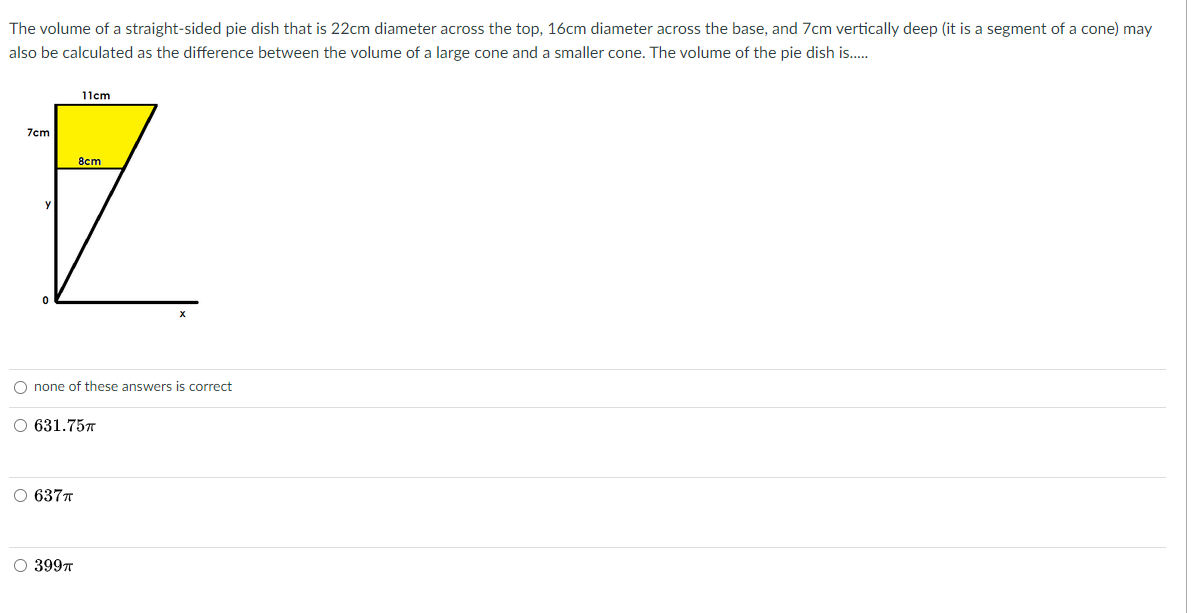 Solved The volume of a straight-sided pie dish that is 22cm | Chegg.com
