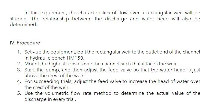 Experiment No. 11 FLOW MEASUREMENT OVER A WEIR I. | Chegg.com