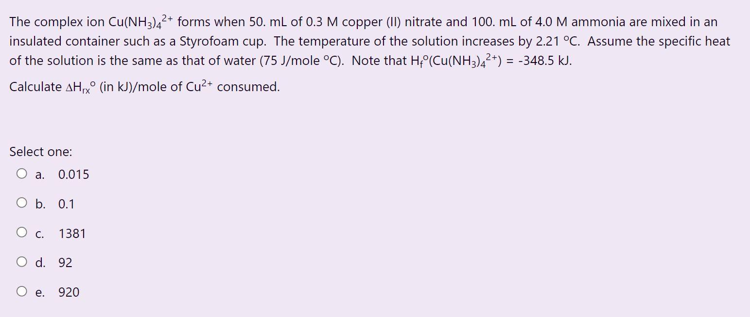 Solved The complex ion Cu(NH3)42+ forms when 50. mL of 0.3 M | Chegg.com
