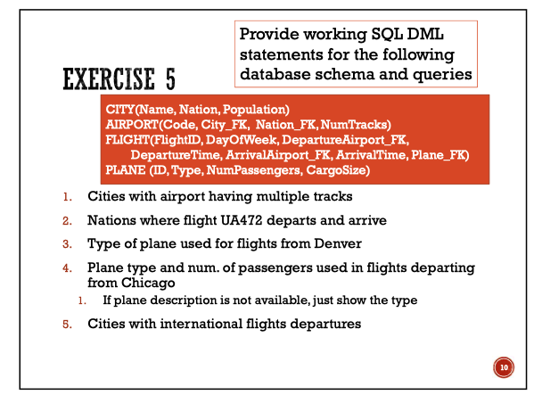 Solved Provide Working Sql Dml Statements Following Database Schema Queries Table Flight 7405