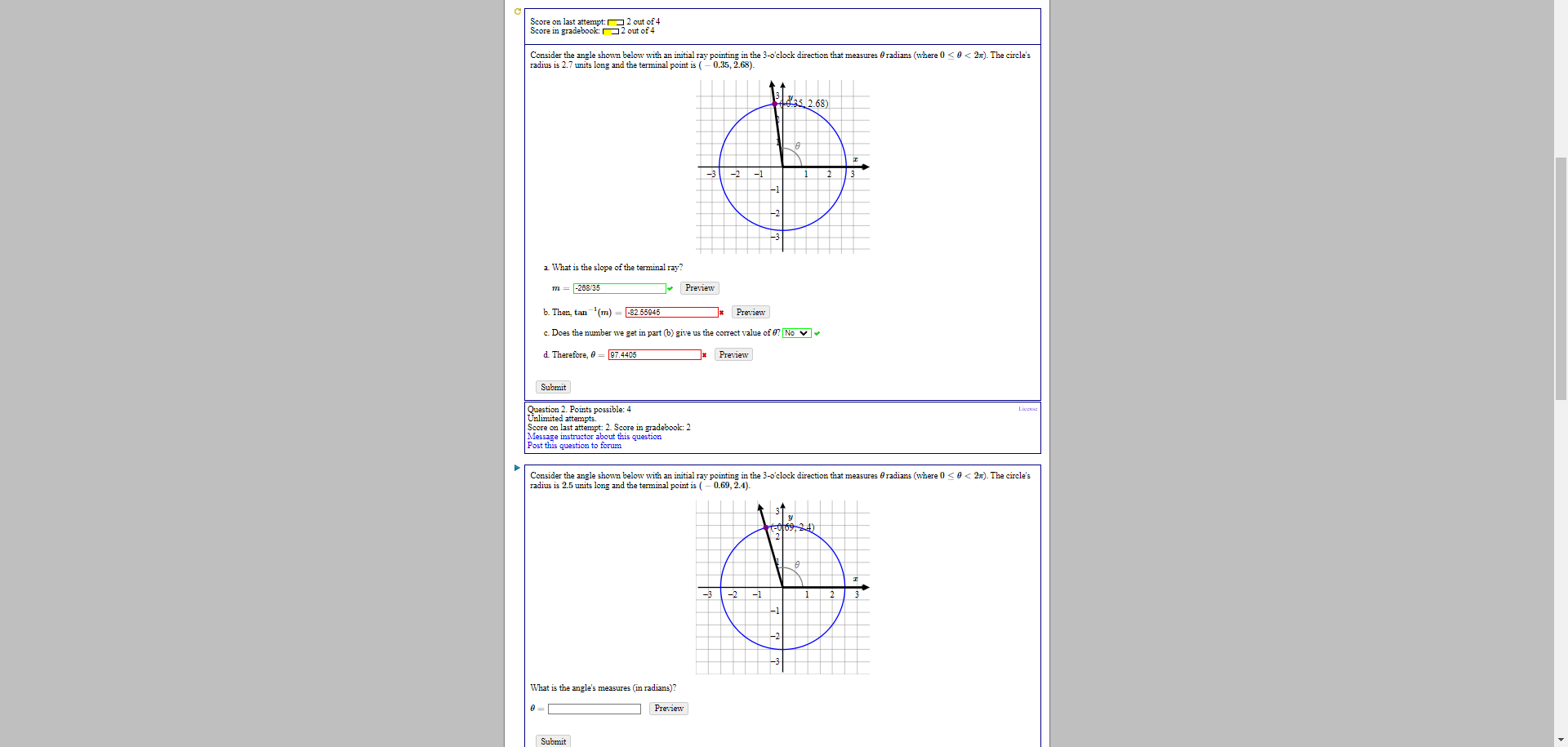 Score in gradebook: 2 out of 4 Consider the angle | Chegg.com