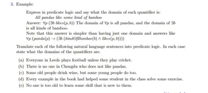 Solved 3. Example: Express in predicate logic and say what | Chegg.com