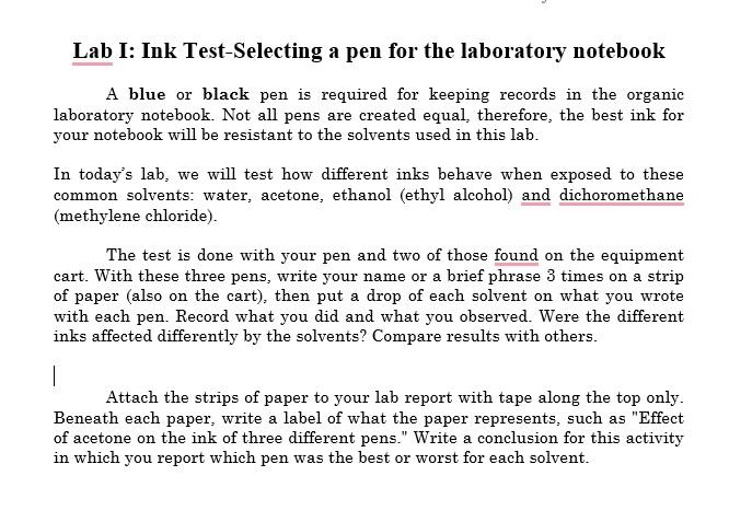 Lab I: Ink Test-Selecting a pen for the laboratory | Chegg.com