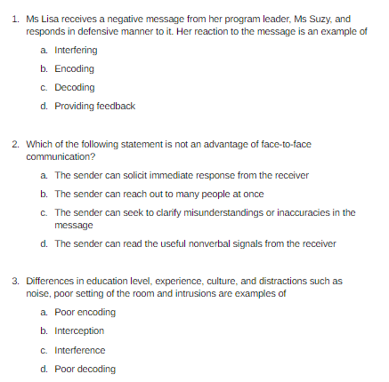 Solved 1. Ms Lisa receives a negative message from her | Chegg.com